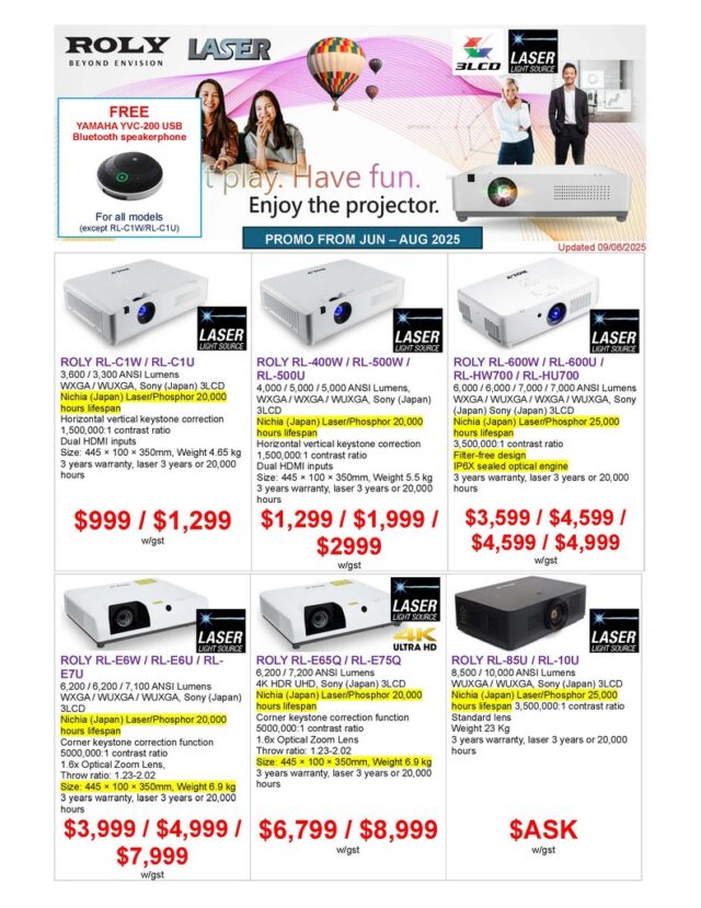 ROLY 3LCD Laser Projectors Catalogue RETAIL June 2025 - Singapore Projector
