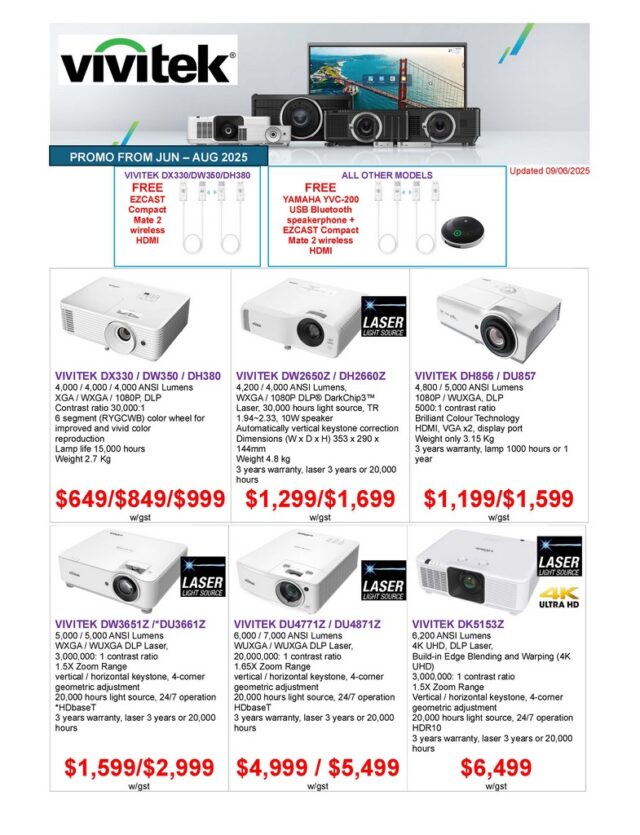 VIVITEK Projectors Retail Price List June 2025 - Singapore Projector